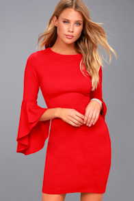Chic Red Bodycon Dress - Flounce Sleeve Low Back Dress