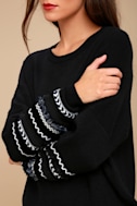 Cozy Embroidered Sweater- Black Sweater - Fringe Sweater