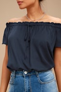 Cute Navy Blue Top - Off-the-Shoulder Top - Short Sleeve Top