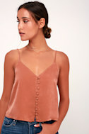 Cute Rust Orange Top - Satin Button-Up Top - Cropped Tank