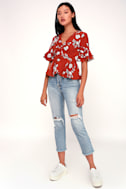 Cute Floral Print Top - Rust Red Top - Peplum Top - Office Top