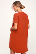 Cute Rust Orange Shift Dress - Short Sleeve Dress - Shift Dress