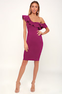 Magenta Ruffled One-Shoulder Bodycon Dress