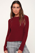 Cute Burgundy Top - Ribbed Knit Top - Long Sleeve Sweater Top