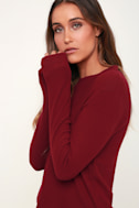Cute Burgundy Top - Ribbed Knit Top - Long Sleeve Sweater Top