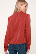 Cute Satin Top - Long Sleeve Top - Rust Red Top - Button Up Top