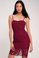 Sexy Burgundy Lace Dress - Bodycon Dress - Midi Dress