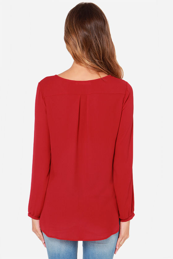 Cute Red Blouse - Long Sleeve Top - Chiffon Top - $33.00