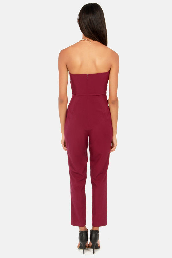 Cute Strapless Jumpsuit Burgundy Jumpsuit 43 00
