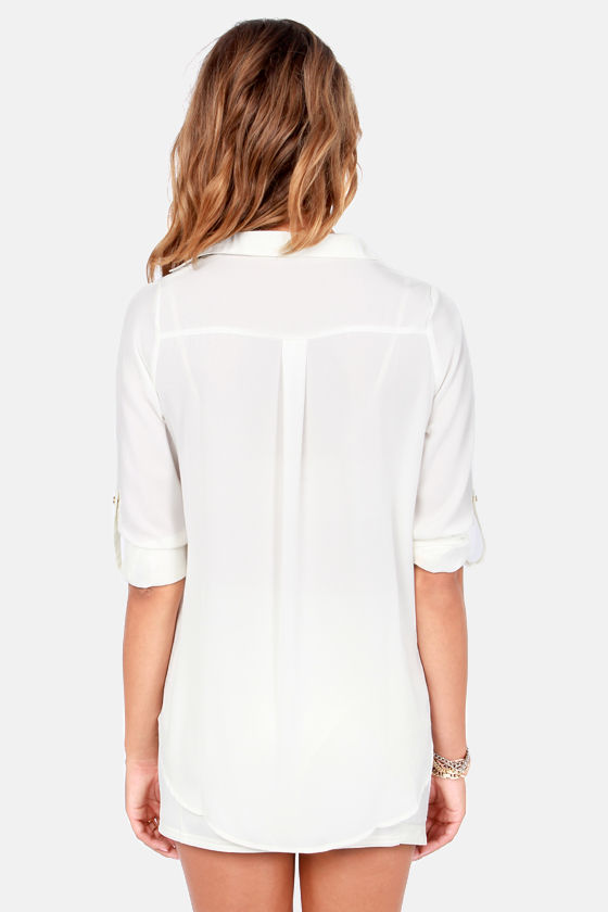 Sexy Ivory Top - Long Sleeve Blouse - White V Neck Top - $36.00