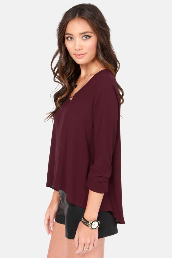 Cute Burgundy Top - Long Sleeve Top - V Neck Top - $35.00