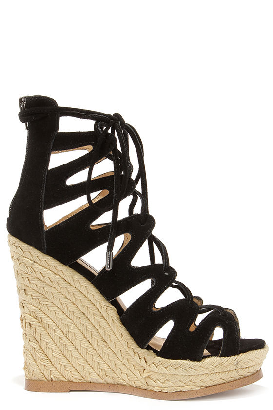 Cute Black Suede Wedges - Lace-Up Heels - Wedge Sandals