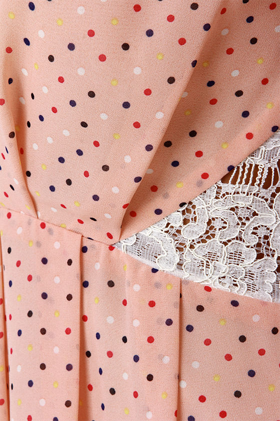Polka Dot Dress - Peach Dress - Print Dress - Lace Dress - $65.00