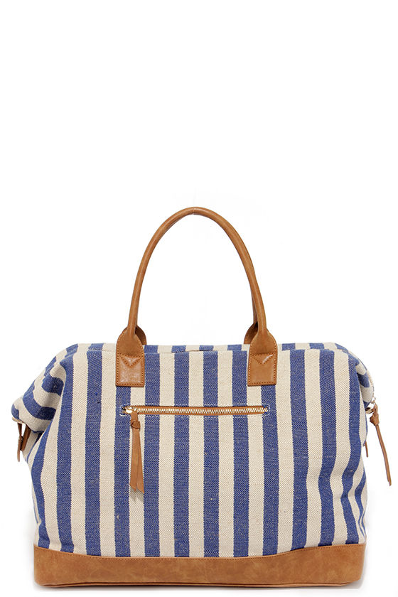 Cute Blue Striped Bag - Weekender Bag - Canvas Bag - $49.00