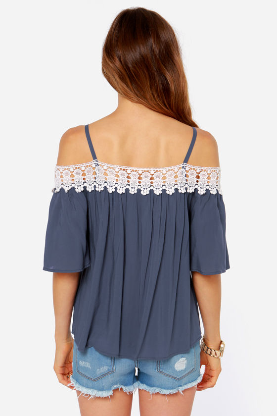 Pretty Slate Blue Top - Lace Top - Off the Shoulder Top - $38.00
