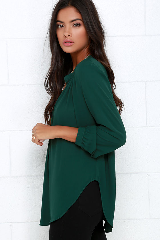 Chic Dark Green Top - Long Sleeve Top - Deep V Top - $44.00