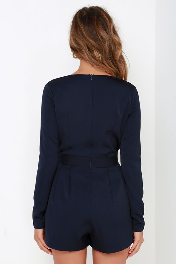 Sexy Long Sleeve Romper - Navy Blue Romper - V Neck Romper - $58.00