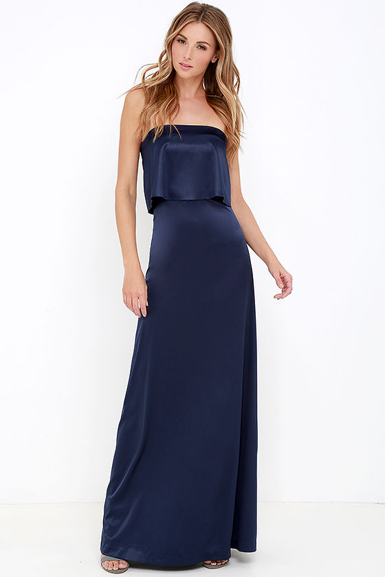 Lovely Navy Blue Maxi Dress - Strapless Maxi Dress - Satin Dress - $78.00