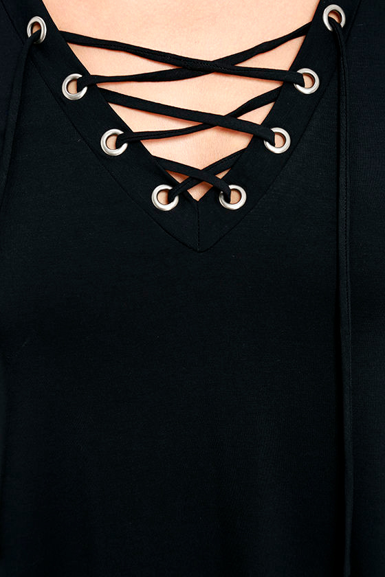 Cute Black Dress Lace Up Dress Jersey Knit Dress 42 00