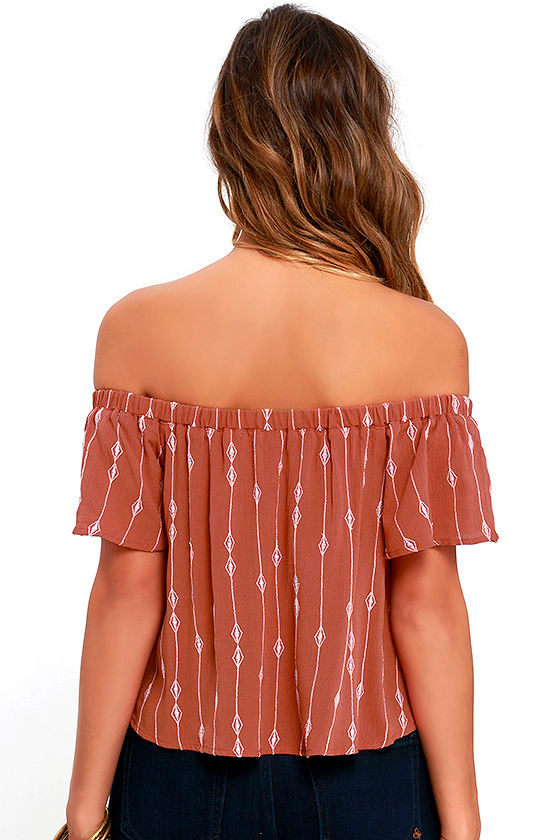 Off-the-Shoulder Top - Embroidered Top - Burnt Orange Top - $38.00