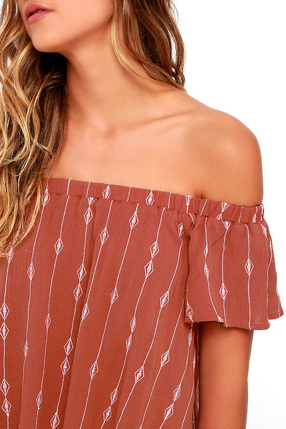 Off-the-Shoulder Top - Embroidered Top - Burnt Orange Top - $38.00