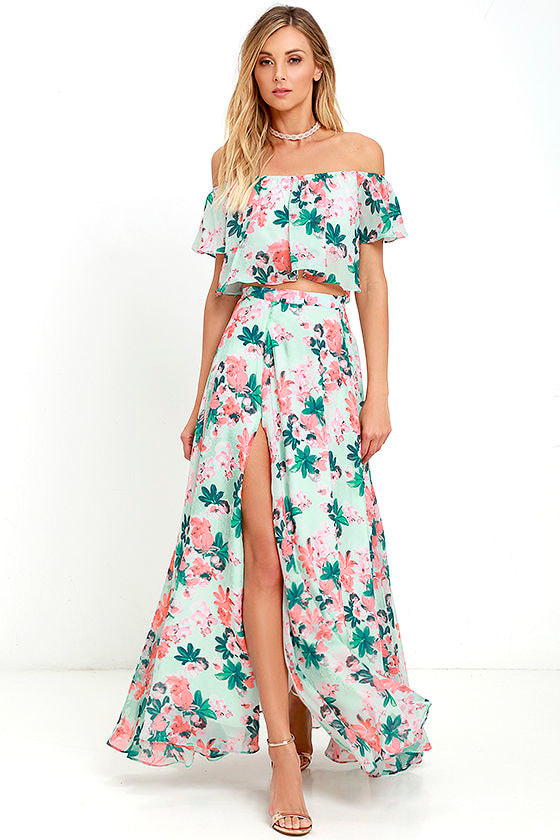 Floral Print Two Piece Dress Two Piece Maxi Dress Mint Two Piece