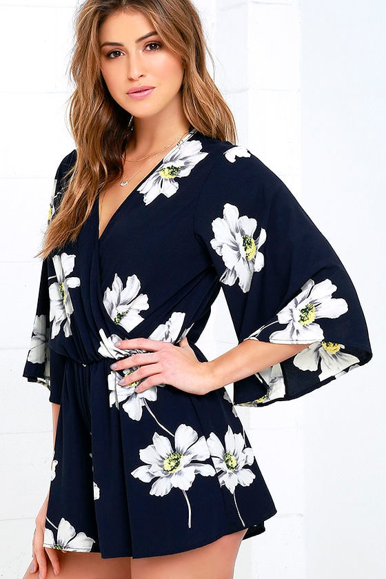 Cute Navy Blue Romper - Floral Print Romper - $46.00