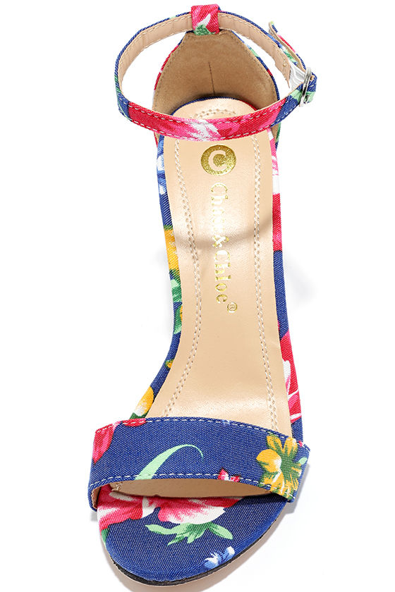 Floral Print Heels - Blue Print Heels - Ankle Strap Heels - $31.00