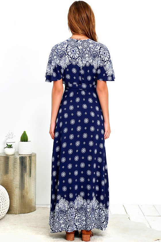 Lovely Navy Blue Print Dress - Wrap Dress - Maxi Dress - $58.00
