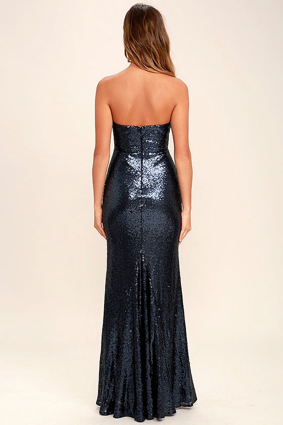 Stunning Navy Blue Sequin Dress - Strapless Dress - Maxi Dress - $84.00
