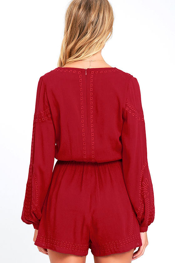 Boho Romper - Wine Red Romper - Embroidered Romper - $59.00