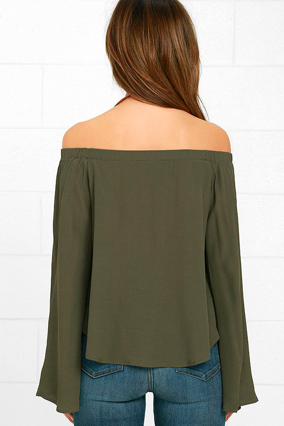 Lovely Olive Green Top - Off-the-Shoulder Top - Long Sleeve Top - $42.00