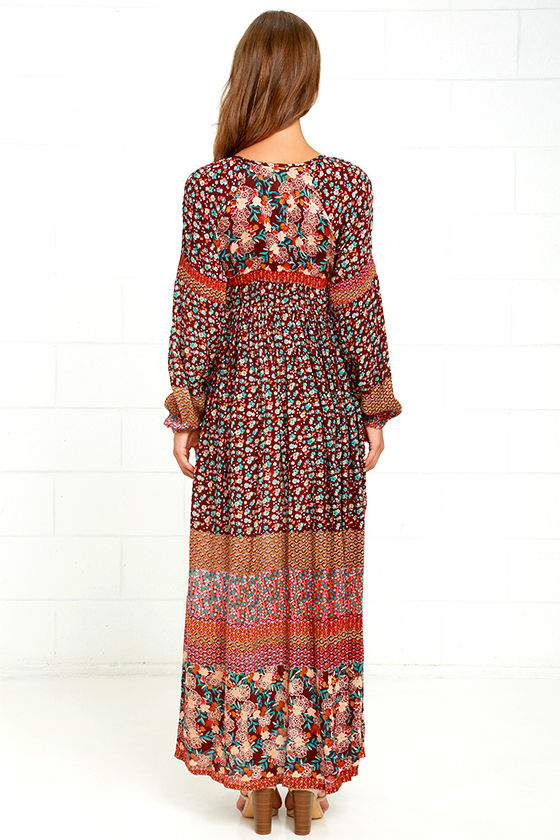 Boho Dress - Maxi Dress - Burgundy Print Dress - Long Sleeve Dress ...