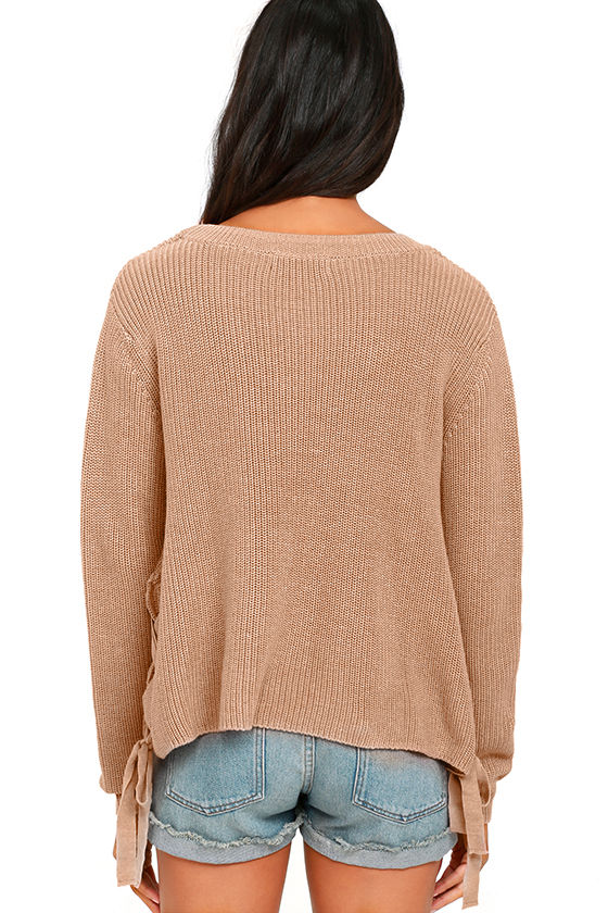 Cute Light Brown Sweater - Lace-Up Sweater - Knit Sweater - $41.00