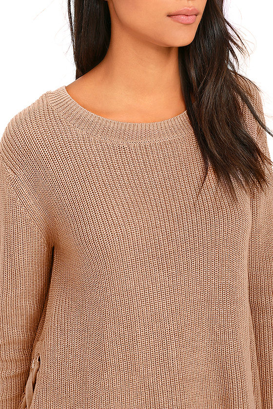 Cute Light Brown Sweater - Lace-Up Sweater - Knit Sweater - $41.00