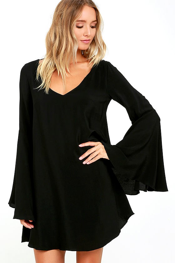 Lovely Black Dress - Long Sleeve Dress - Shift Dress - $54.00