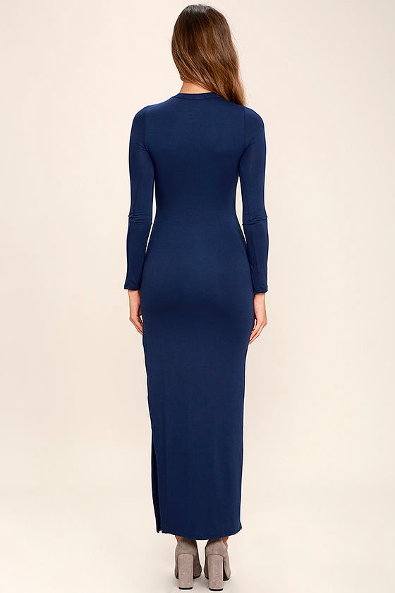 Chic Navy Blue Long Sleeve Dress Jersey Knit Maxi Dress Bodycon