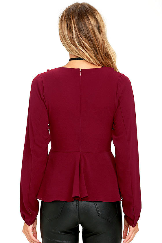 Chic Burgundy Long Sleeve Top Tie Neck Top Long Sleeve Peplum Top