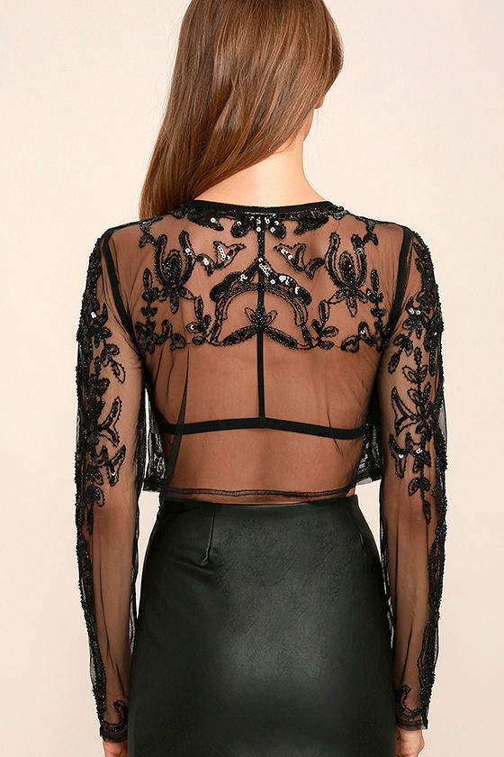Sexy Black Top Sheer Crop Top Beaded Crop Top Sequin Crop Top 5400