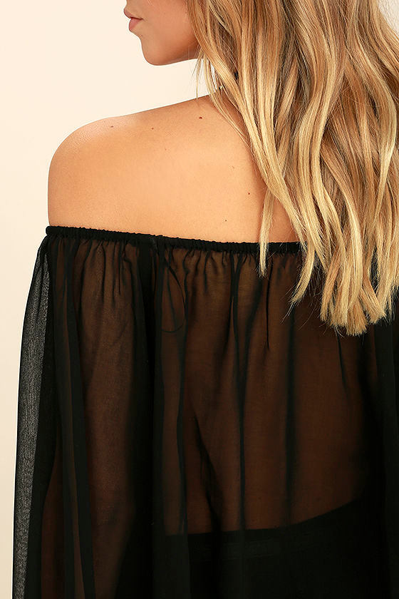 Sexy Black Top - Sheer Top - Long Sleeve Top - Off-The-Shoulder Top ...