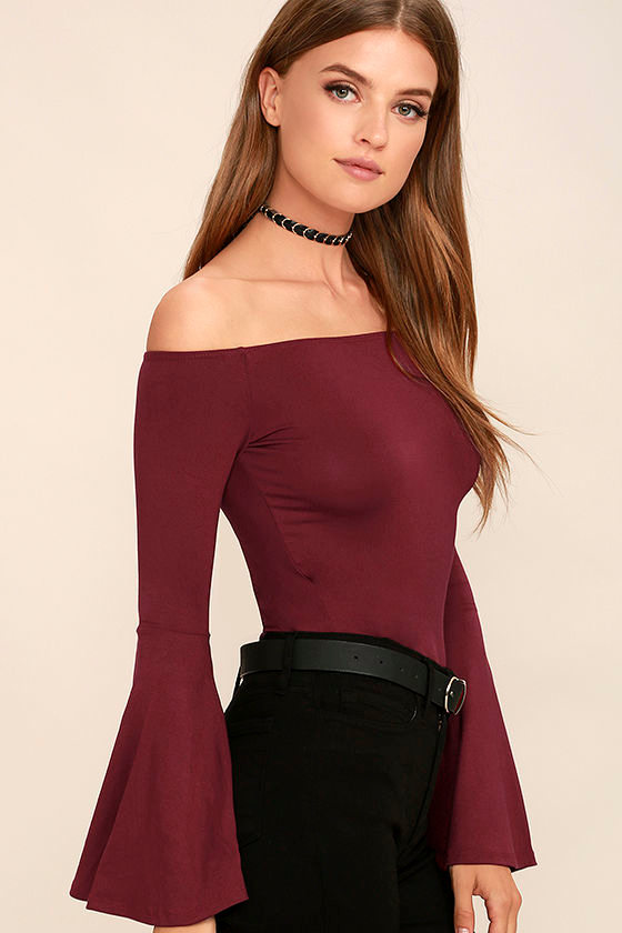 Chic Wine Red Top - Long Sleeve Top - Off-the-Shoulder Top - $26.00