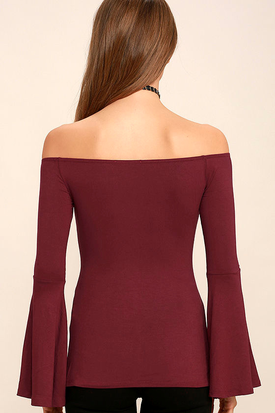 Chic Wine Red Top - Long Sleeve Top - Off-the-Shoulder Top - $26.00