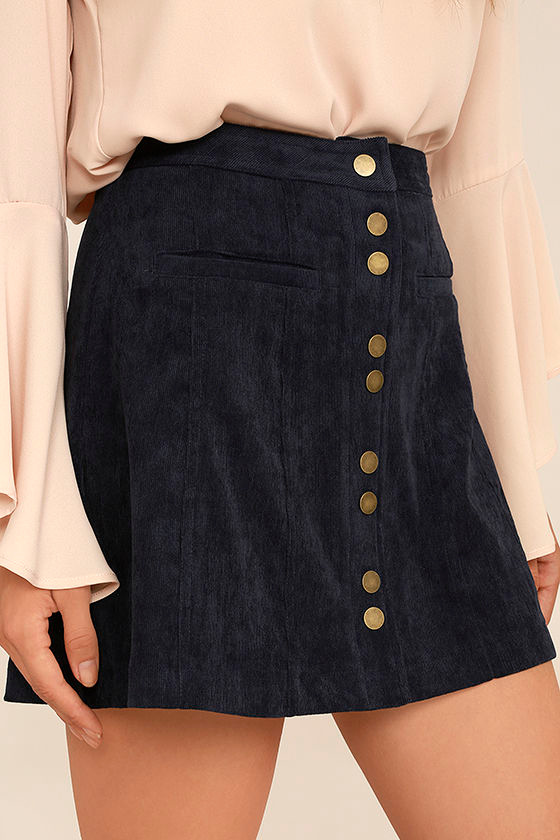 Cute Navy Blue Corduroy Skirt - Button Front Mini Skirt