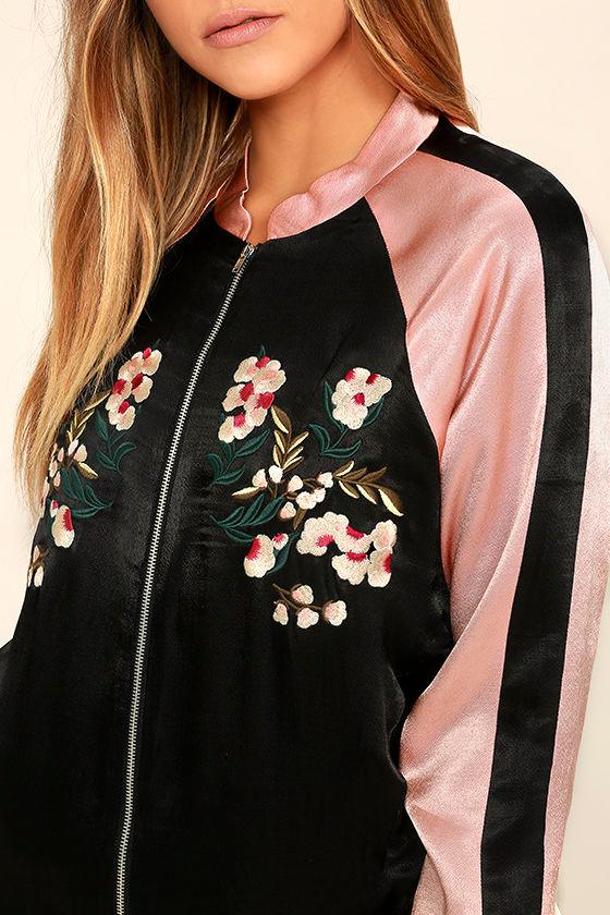 Chic Pink and Black Jacket - Bomber Jacket - Satin Jacket - Embroidered ...