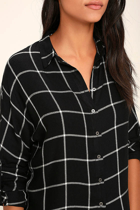 Chic White and Black Top - Grid Print Top - Button-Up Top - Collared ...