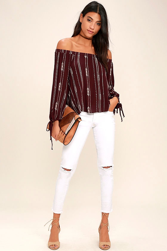 Boho Burgundy Top - Off-The-Shoulder Top - Embroidered Top - $42.00