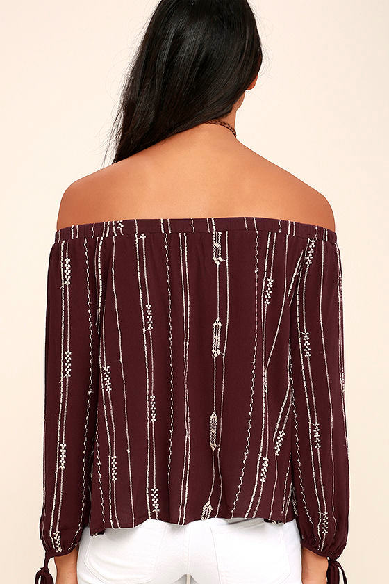 Boho Burgundy Top - Off-The-Shoulder Top - Embroidered Top - $42.00