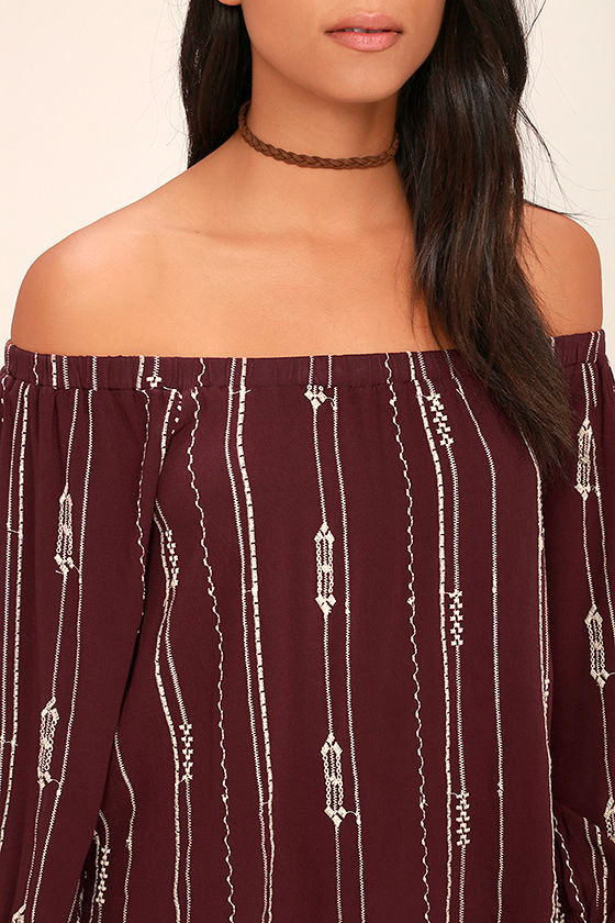 Boho Burgundy Top - Off-The-Shoulder Top - Embroidered Top - $42.00