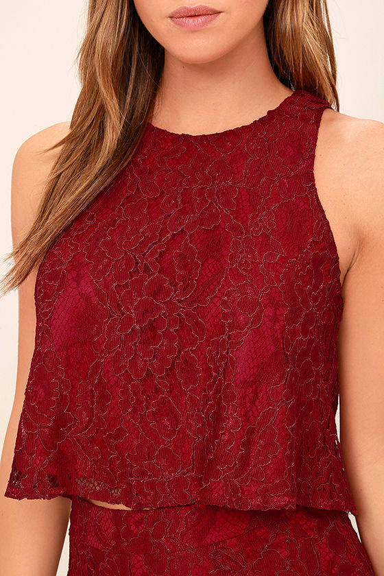 Dark Red Two-Piece Dress - Lace Two-Piece Dress - Midi Dress - $78.00
