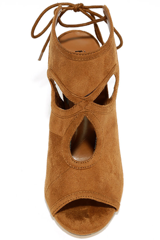 Cute Tan Heels - Peep-Toe Heels - Lace-Up Heels - $26.00